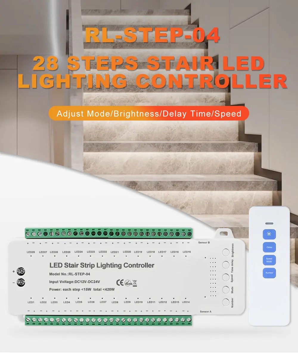 Automatic 28 Step Strip Smart Stair Lighting Controller 12V 24V Motion ...