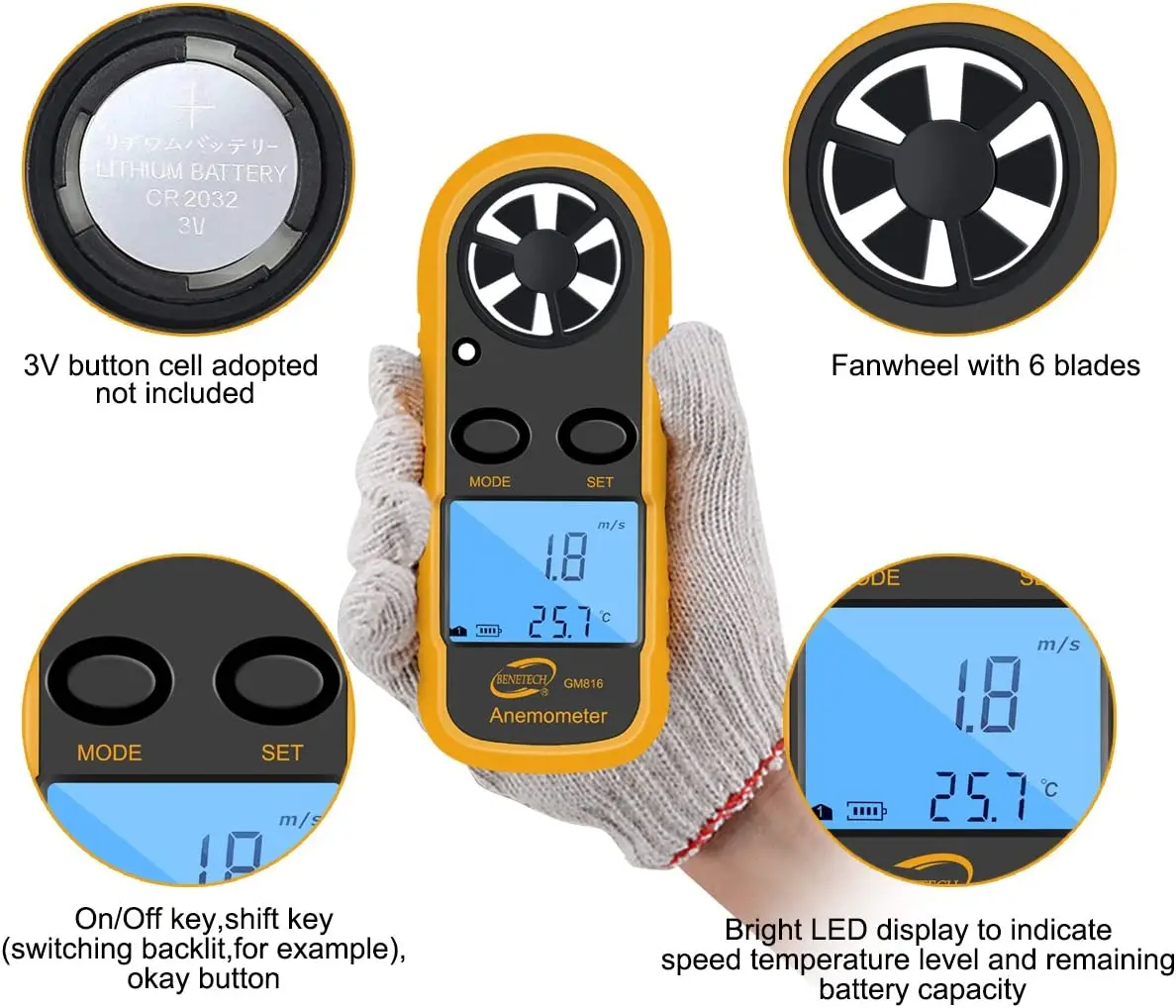 Benetech Gm816 0-30m/s Lcd Portable Measure Tool Wind Anemograph ...
