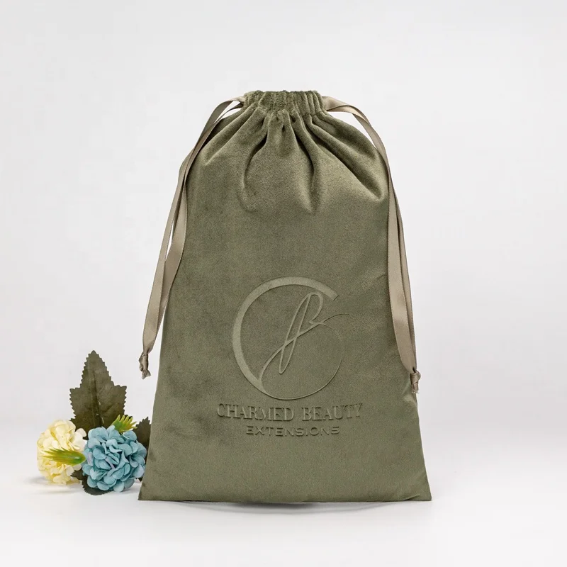 Large Velvet Drawstring Deep Green Custom Pouch Hair Packaging Bag ...
