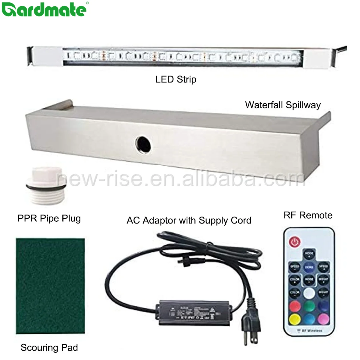 Stainless Steel Lighted Waterfall Pool Wall Fountain with LED 7 Color ...