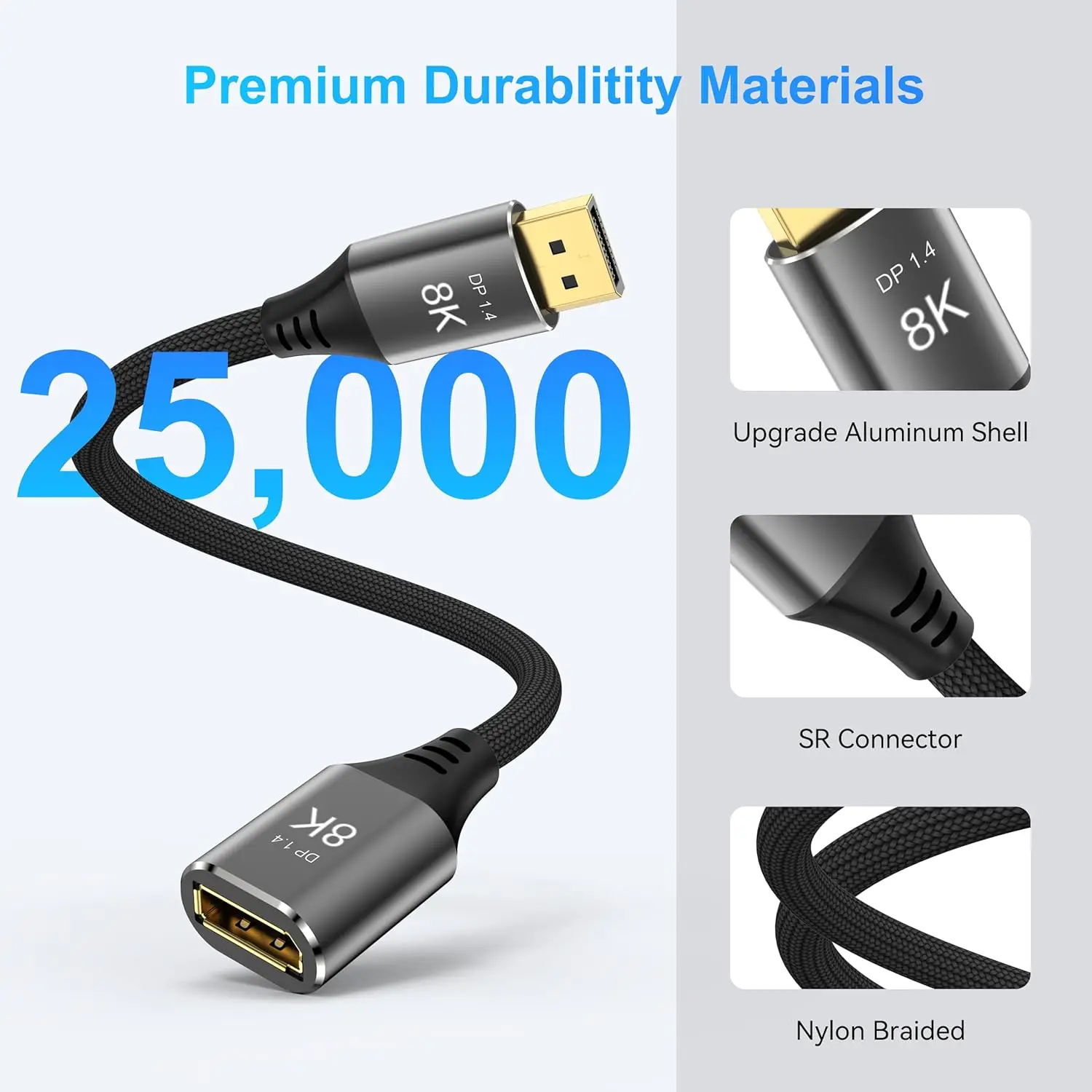 Braided 8K 60Hz DisplayPort Extension Cable DisplayPort 1.4 Male to ...
