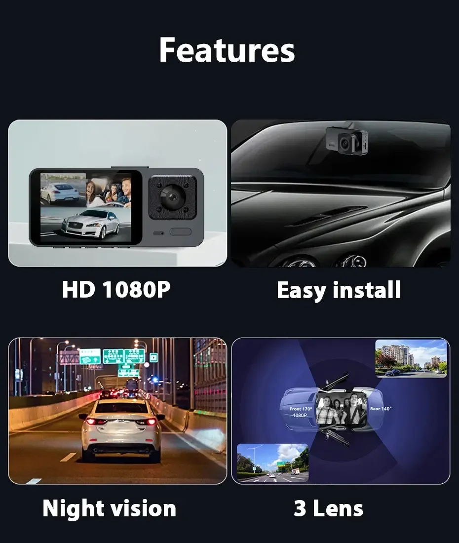 3 Dash Cam 1080p Front and Rear Triple Car Video Recorder Dashcam With ...