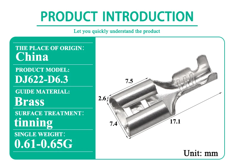 Brass Tin Plated Female Crimping Terminal DJ622-D6.3A Silver Color 0.4mm Thickness Terminal ...