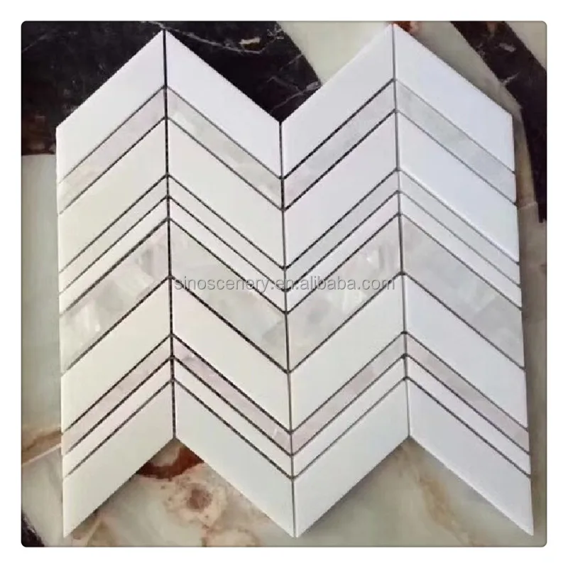 Fishbone Chevron Mosaic Waterjet Pattern With Thassos Pure White Marble ...