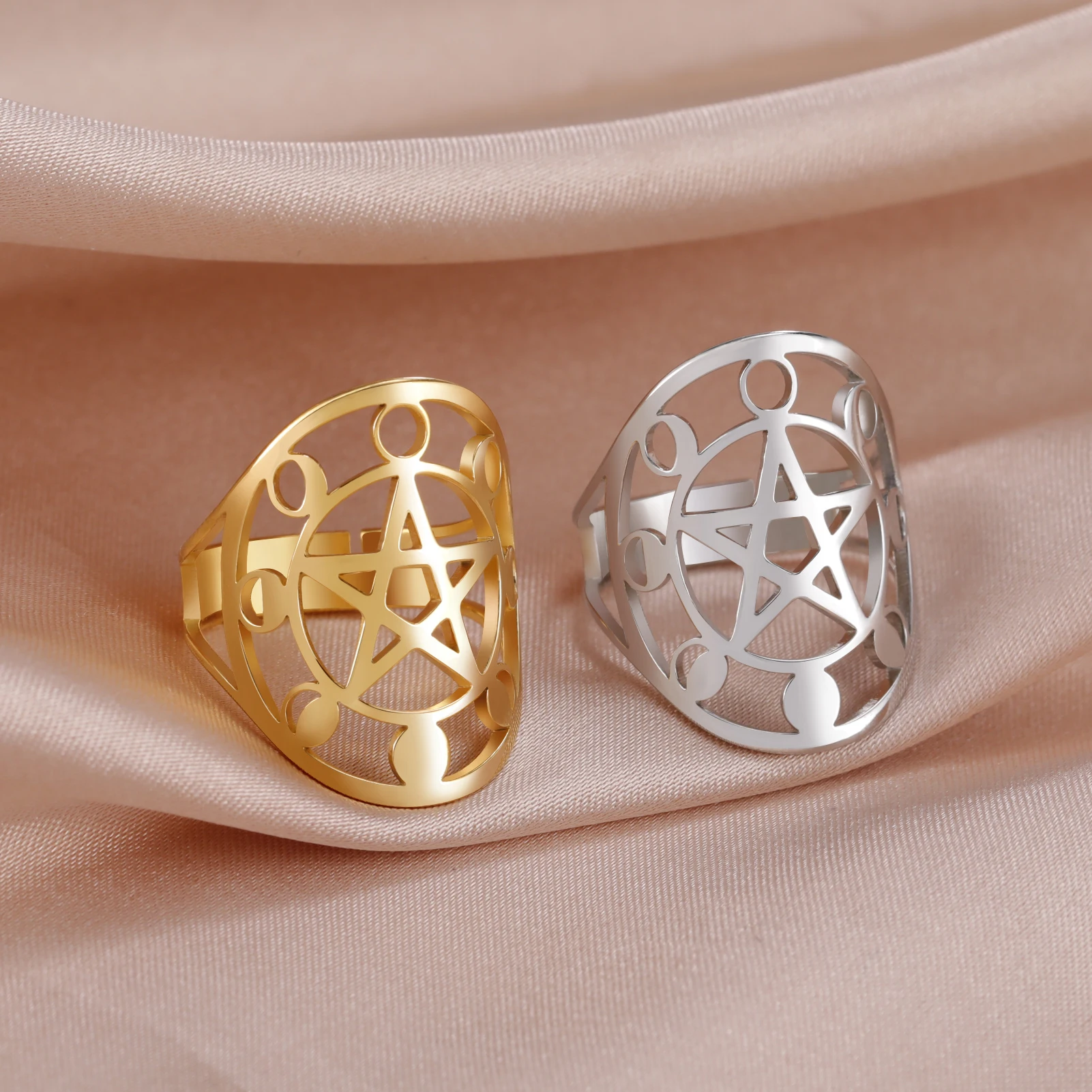 Moon Phase Pentacle Pentagram Ring Stainless Steel Adjustable Finger ...