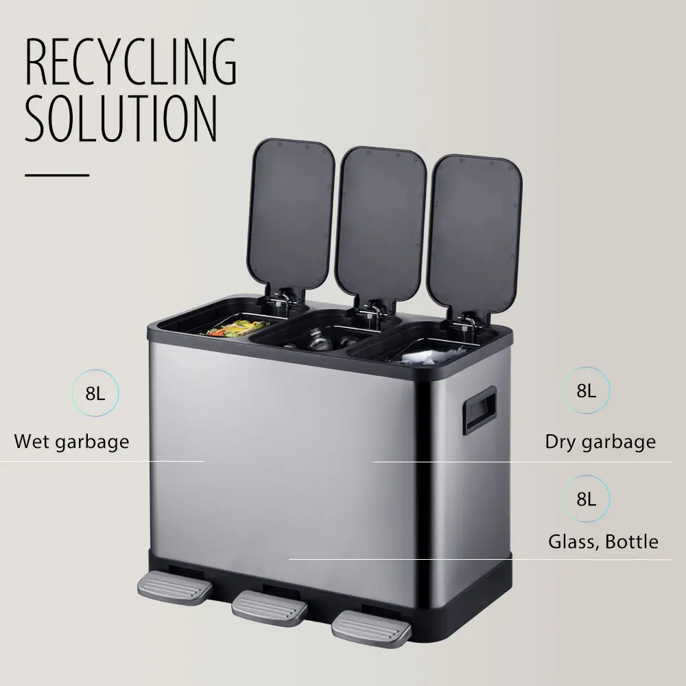3 Compartment Recycle Bin Vertical Container Stainless Steel Dustbin ...