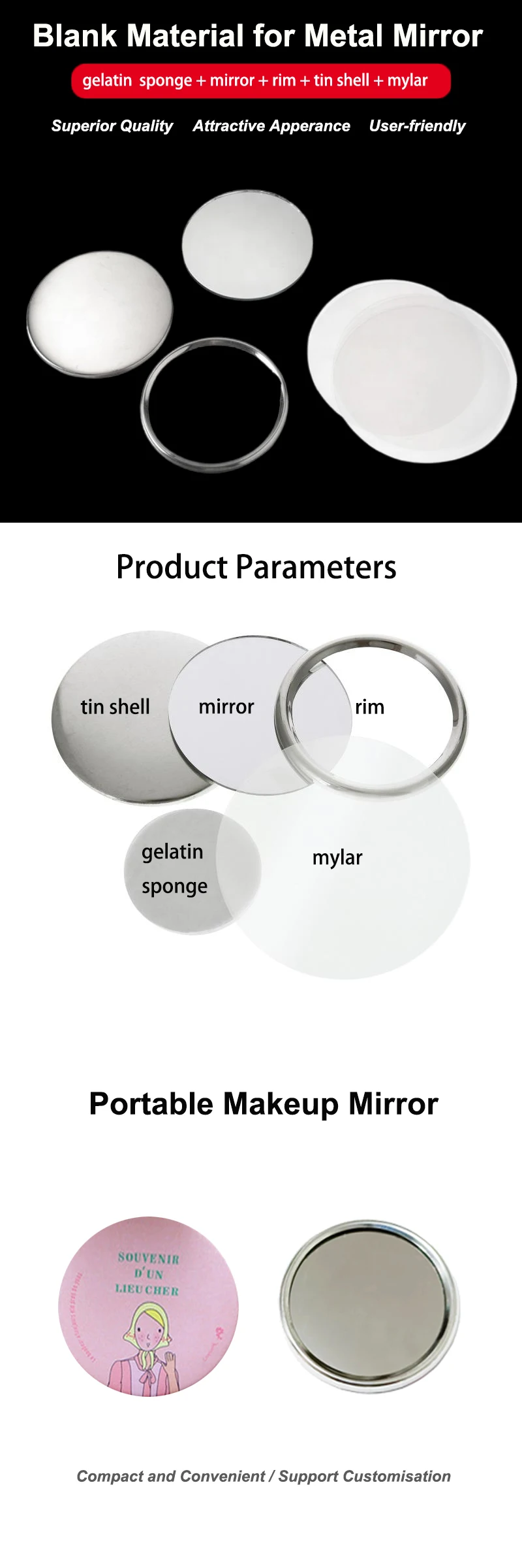 Diy High Quality Wholesale Round 75mm Diy Metal Mirror Pocket Mirror ...