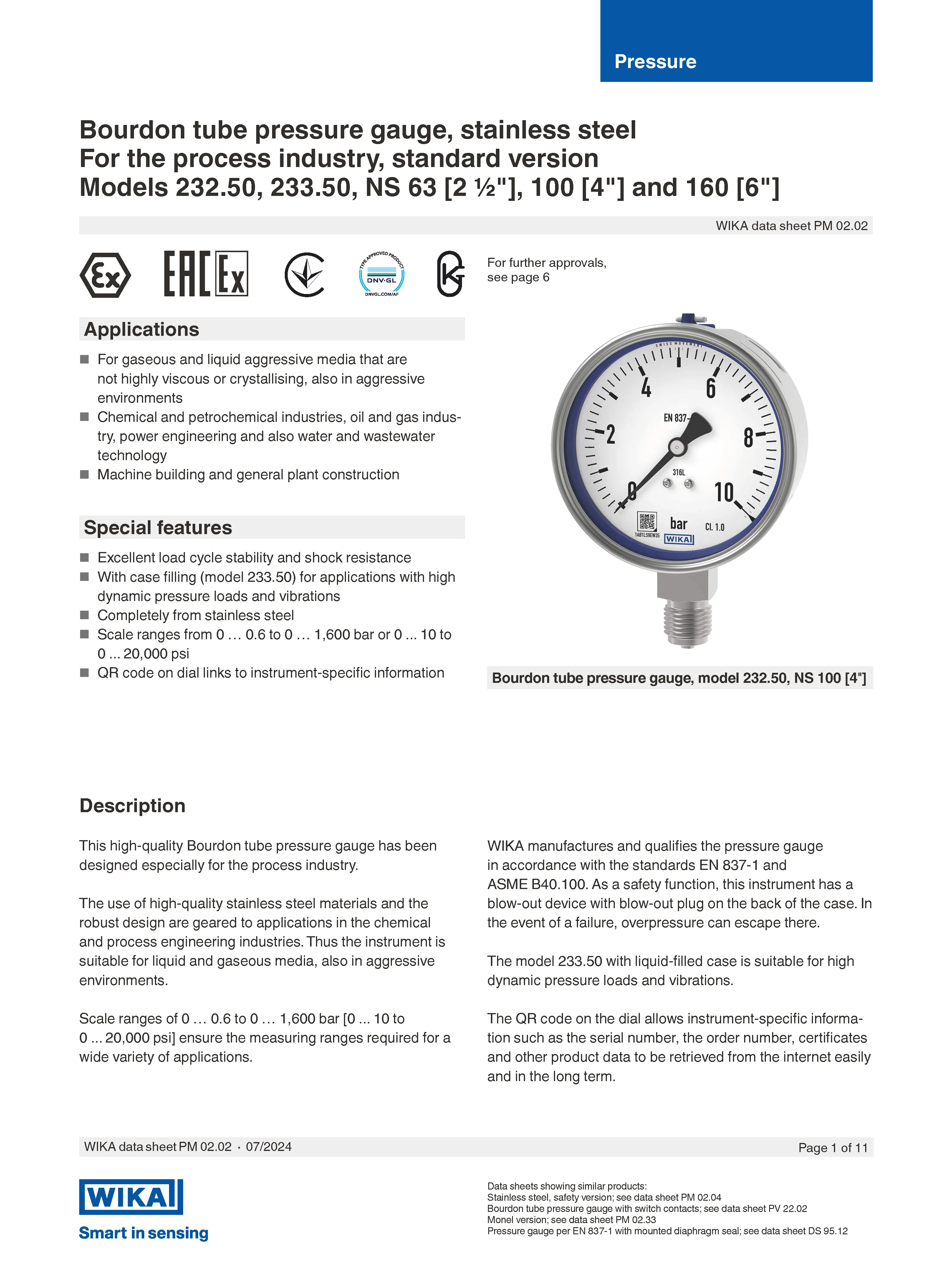 Wika Bourdon Tube Pressure Gauge Model 232.50.100 for Chemical & Power ...