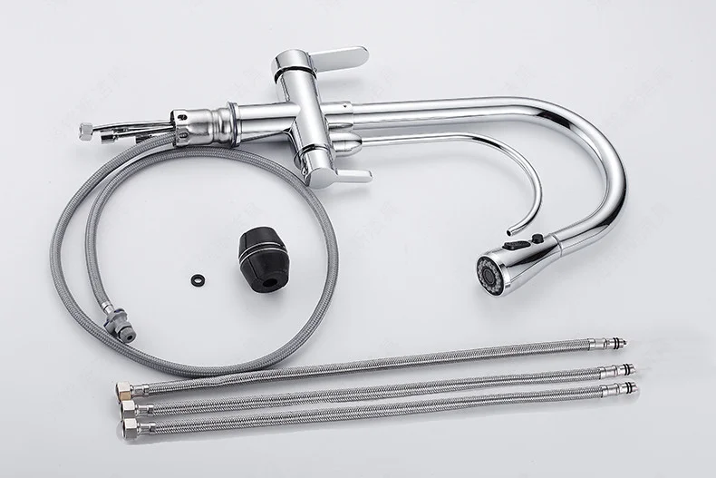 Chrome Contemporary Double Spout Kitchen Faucet Pull Sprayer Single ...