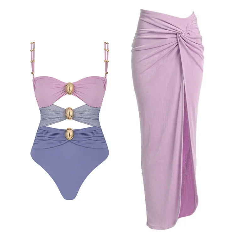 European Style One-piece Swimsuit Gold Colorblocking Multicolor ...