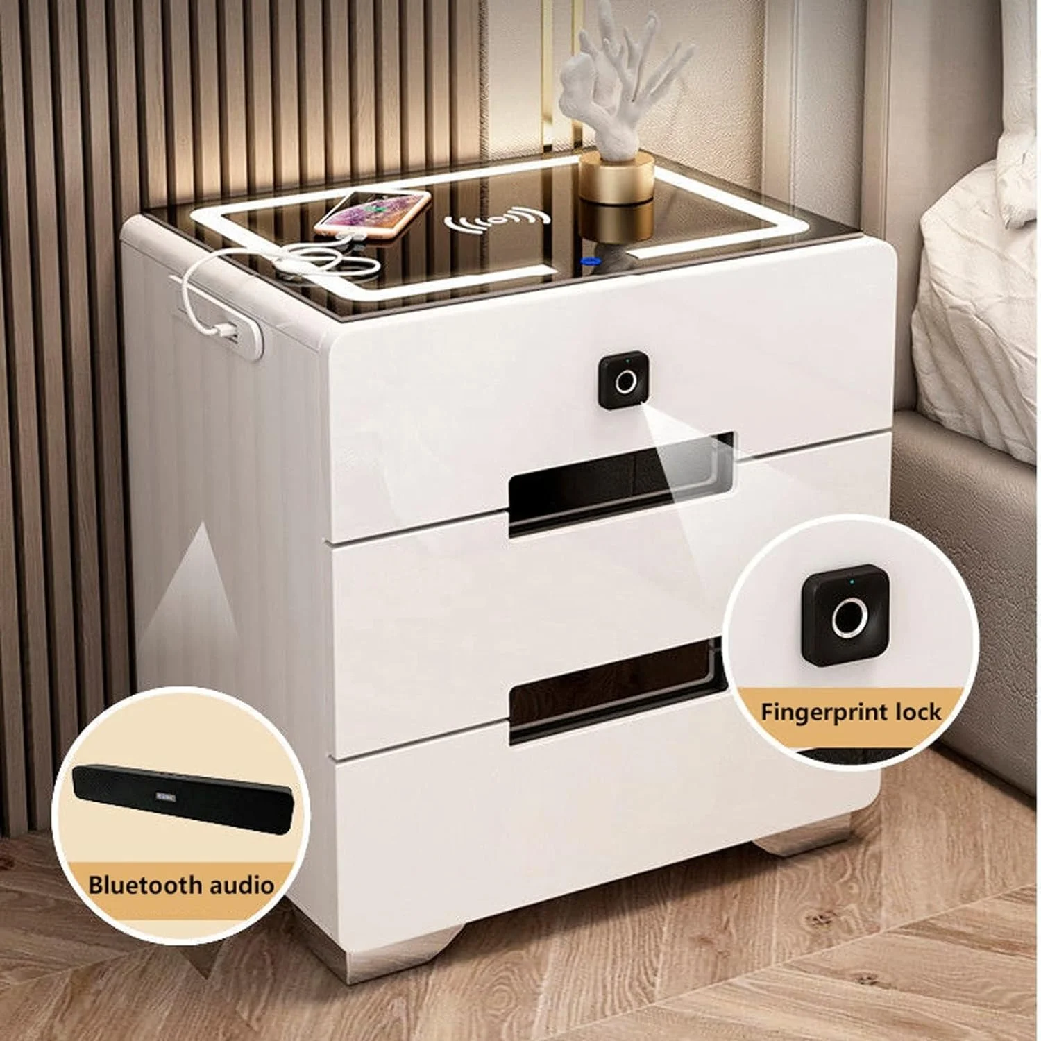 2024 Modern Smart Bedside Table With Charging Stations 3 Drawers ...