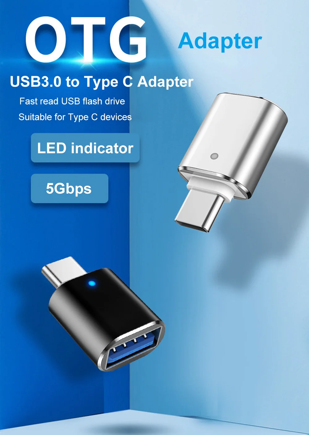USB-C OTG Adapter Type-C Male to USB3.0 Female OTG Connector with Light ...