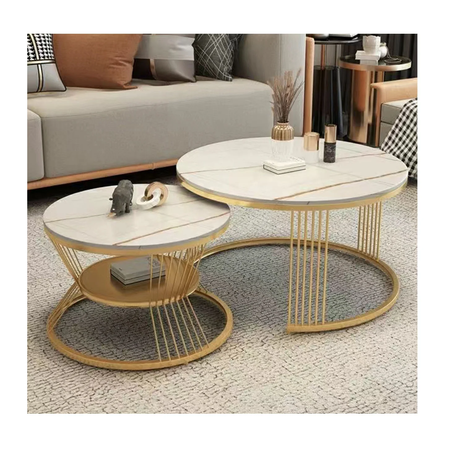 2 Pieces Modern White Marble Top Round Gold Coffee Table Nesting Table ...