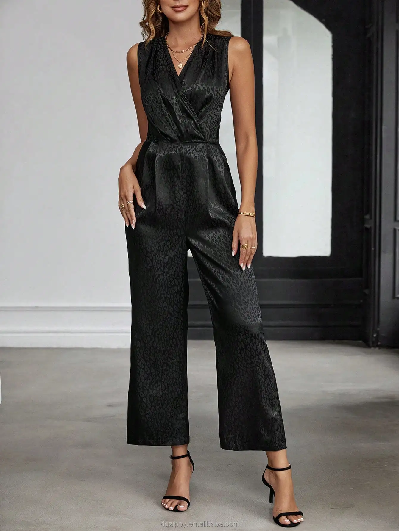 Sexy Deep V Neck Jumpsuits Front Open Wide Leg Cowl Hearted Sleeveless ...