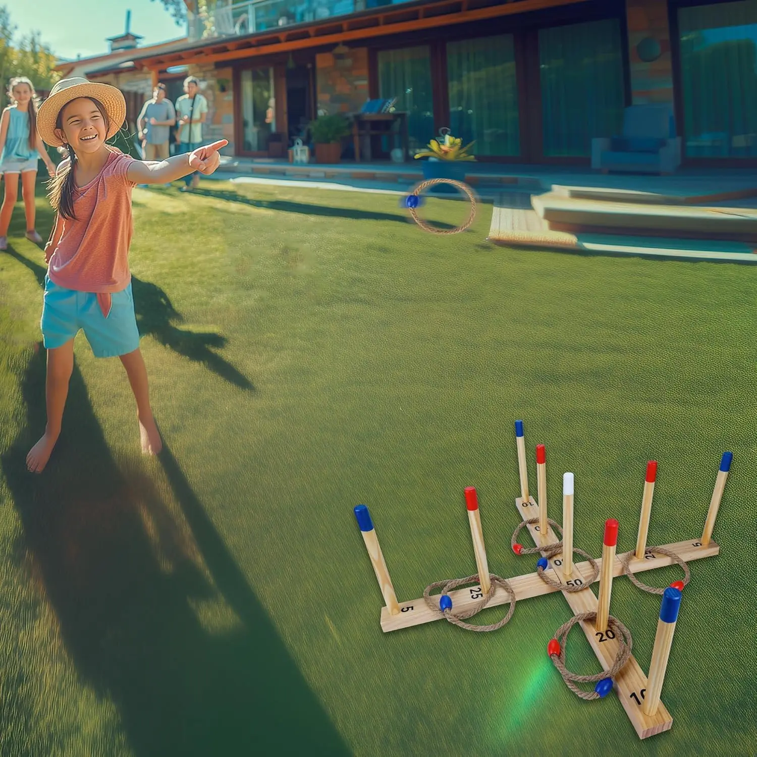 30" Wooden Ring Toss Game Outdoor Fun with 9 Poles 10 Rings and ...