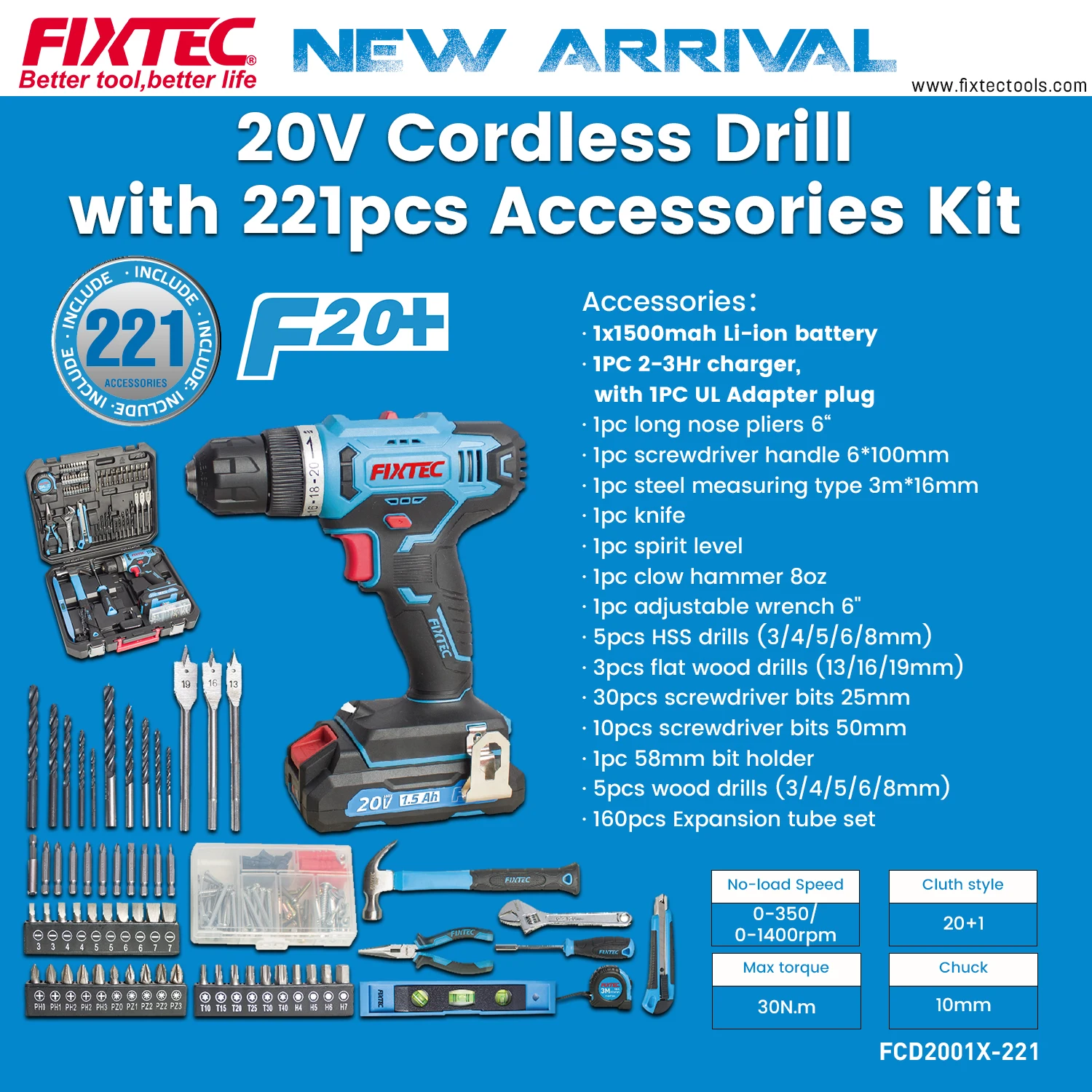 FIXTEC Power Tools - 20V Cordless Drill with 221pcs Kit