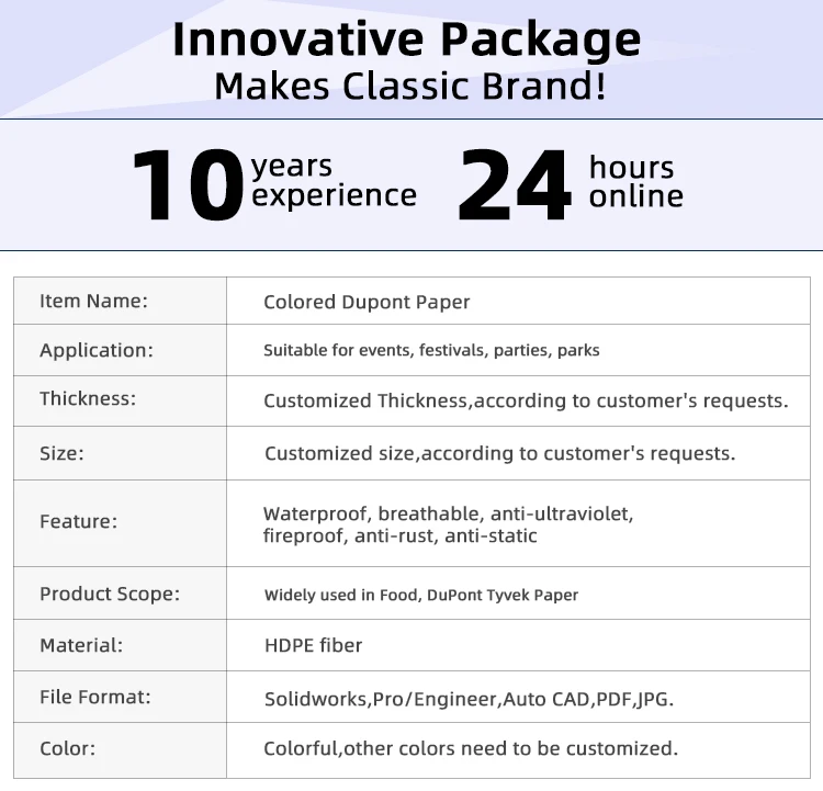 Customized Popular Printable High Quality Colored Dupont Tyvek Paper ...