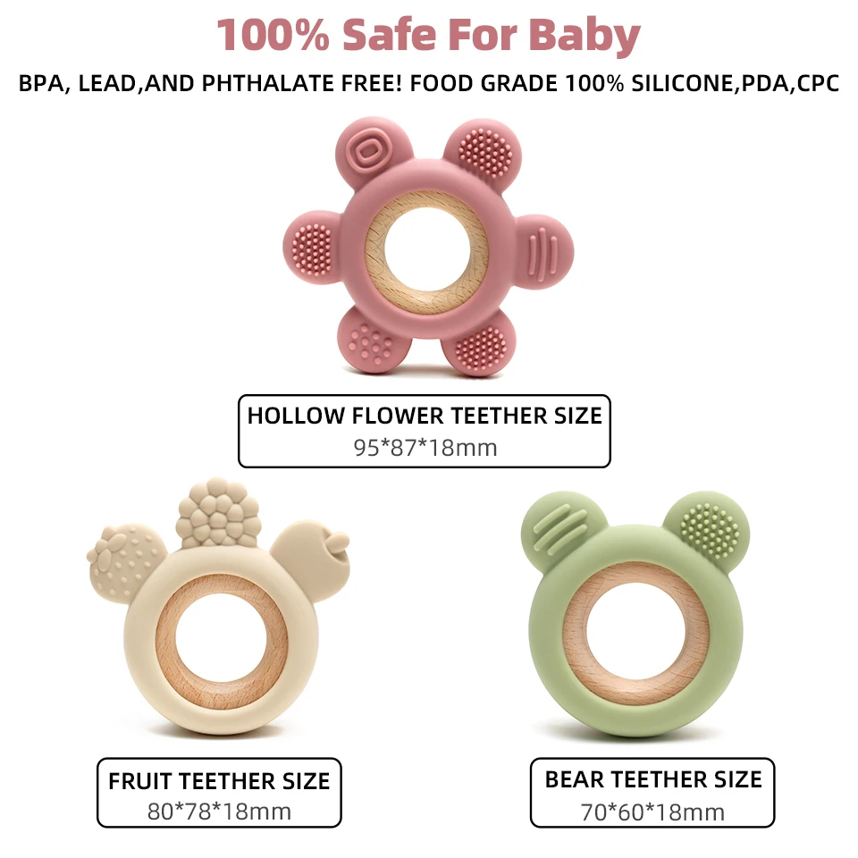 Round Silicon And Wood Animal Cartoon Beech Teether Silicone Chewable ...