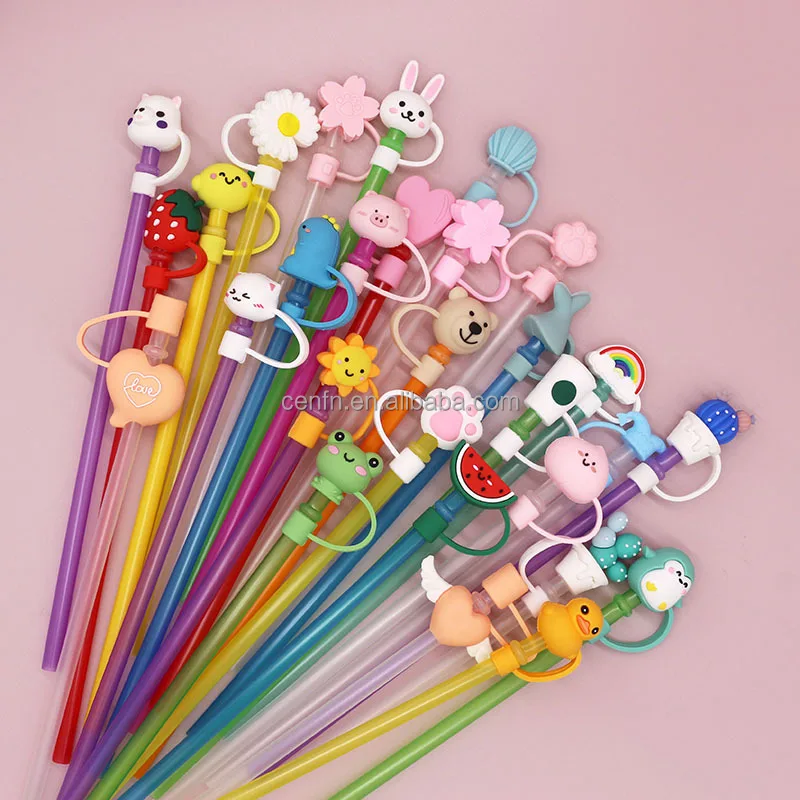 Reusable PVC & Silicone Straw Cover Cute Dust Toppers Splash Proof ...