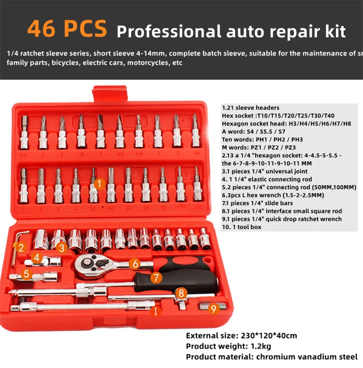 46 In 1 Socket Set Manual Repair Combination Spanner Socket Wrench ...