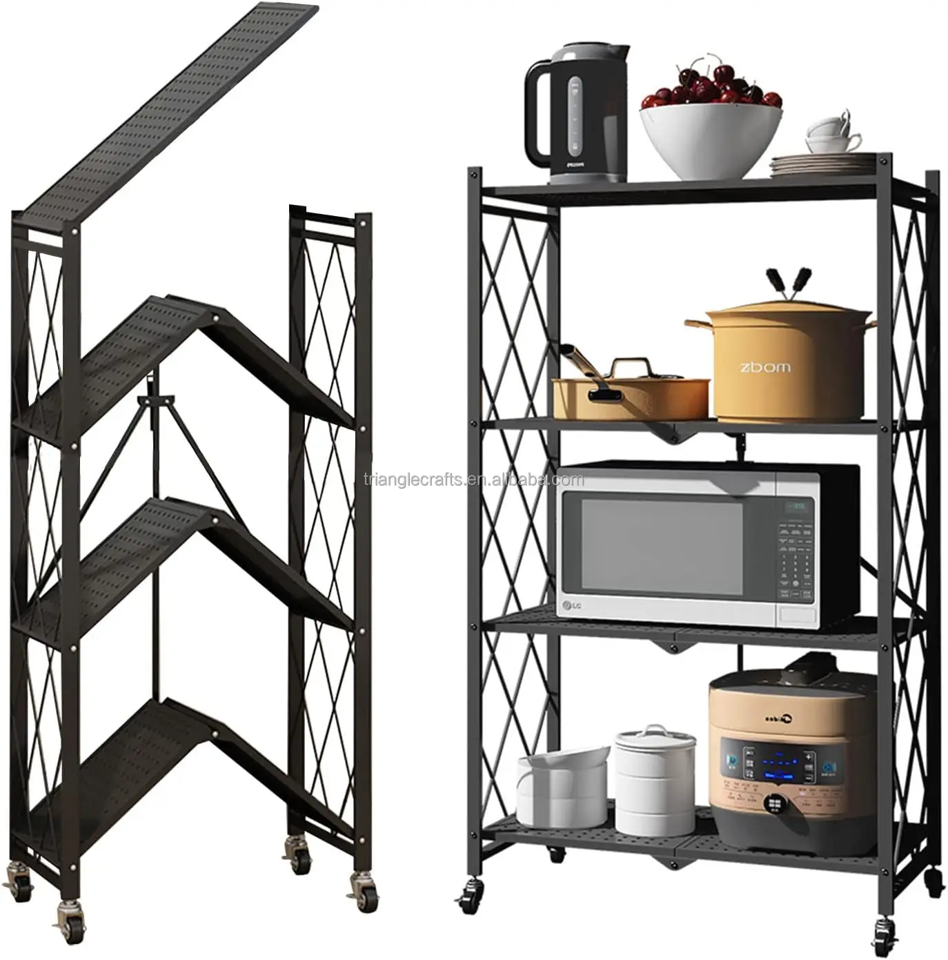 4-tier Foldable Storage Shelf With Wheels Black Folding Shelving Unit ...