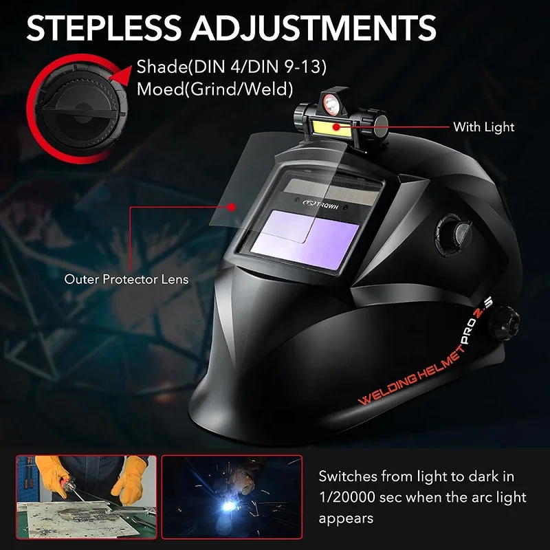 TRQ Laser Welding Helmet with LED Headlights & Auto Darkening