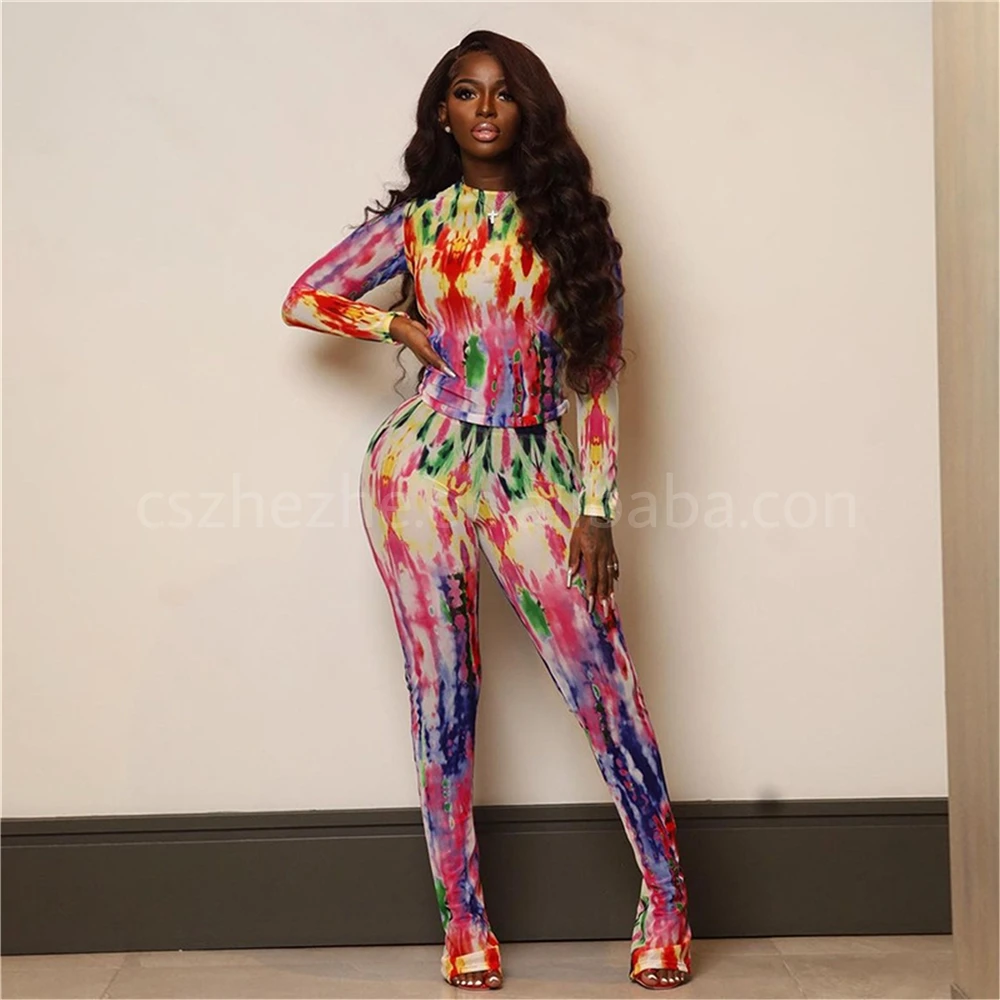 ZHEZHE Mesh Flower Print Two Piece Set Women Long Sleeve O Neck High ...