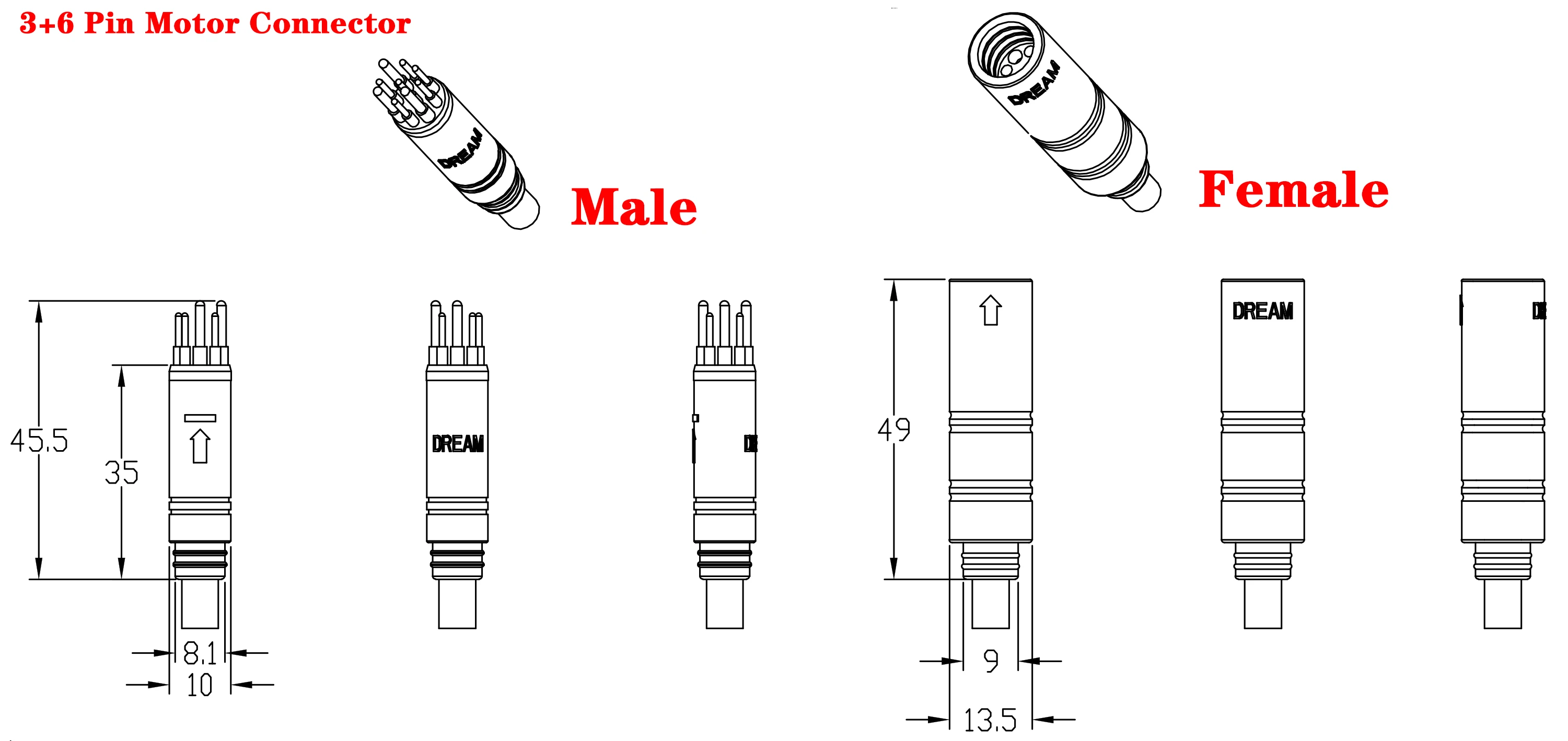 Waterproof Motor Wire Connector 3+6 Pin IP67 Power Brass