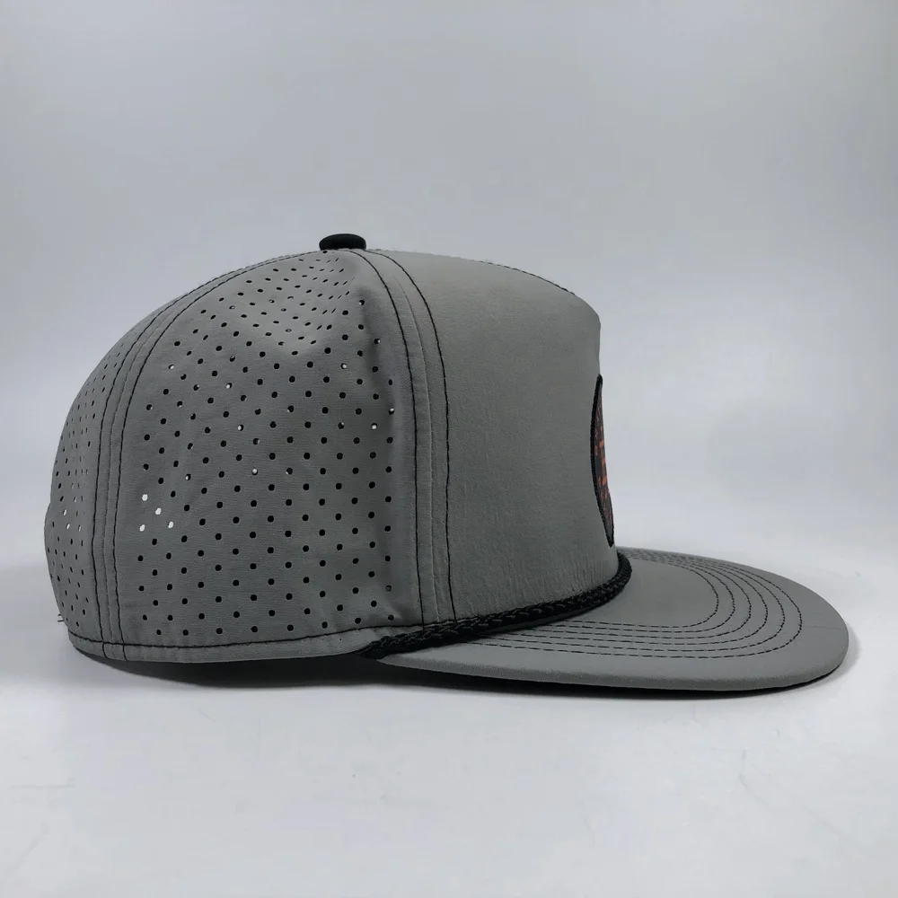 Oem New Design Unisex 5 Panel Flat Brim Grey Cap With Rope Custom Woven ...