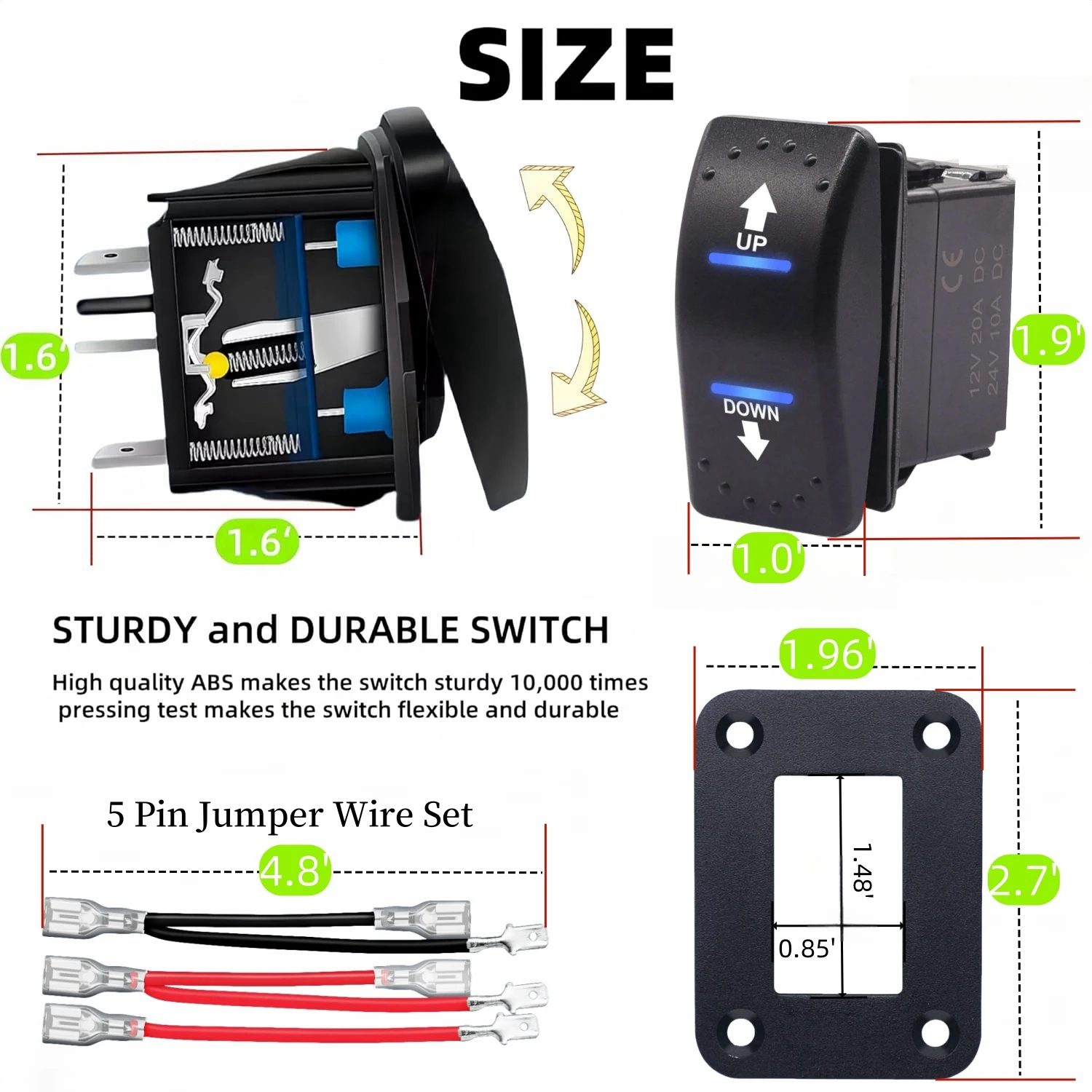 12V 20 Amp Momentary Rocker Switch 7 Pin, DC Motor Control Polarity ...