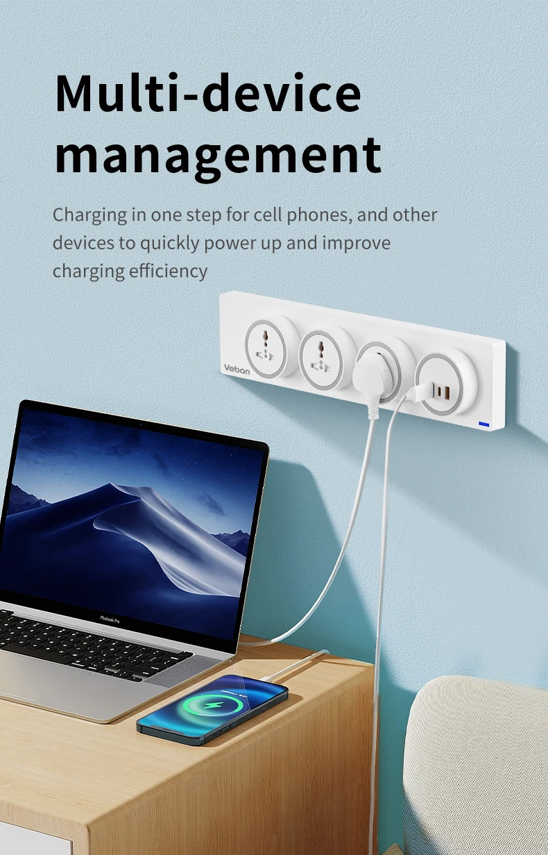 20A 250V Universal Extension Wall Socket with 2 USB Type-C Ports and 4 ...