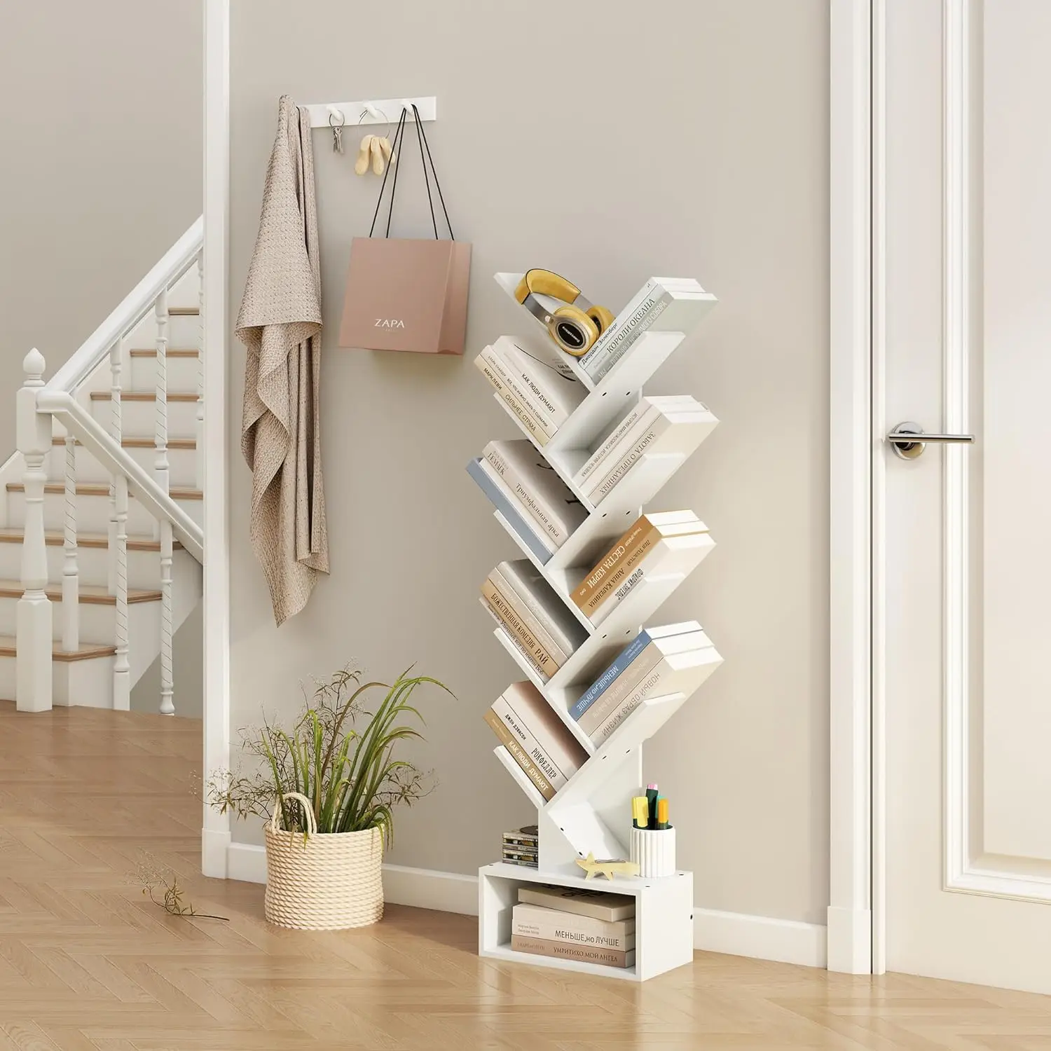 Modern White 9 Tier Tree Shape Bookshelf With Drawer Bookcase Floor ...