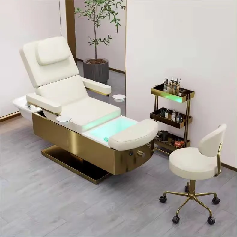 Luxury Gold Stainless Steel Frame Head Spa Therapy Washing Bed Electric ...