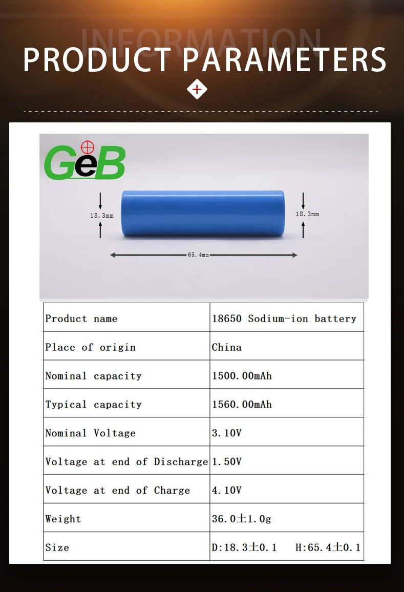 Geb 18650 Sodium Ion Battery - 1500mah, 3.1V, 4000 Cycles