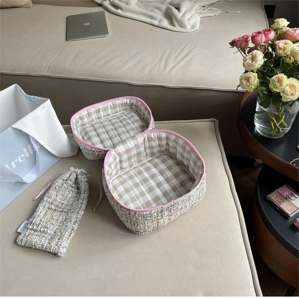 Custom Quilted Vanity Velvet Makeup Pouch - Floral Printing