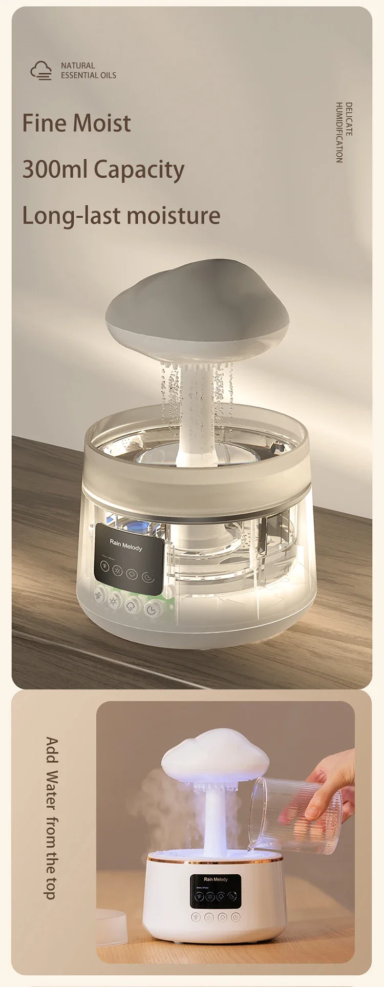 Mushroom Aroma Diffuser Humidifier Cloud Rain Fall Oil Mood Night Light ...