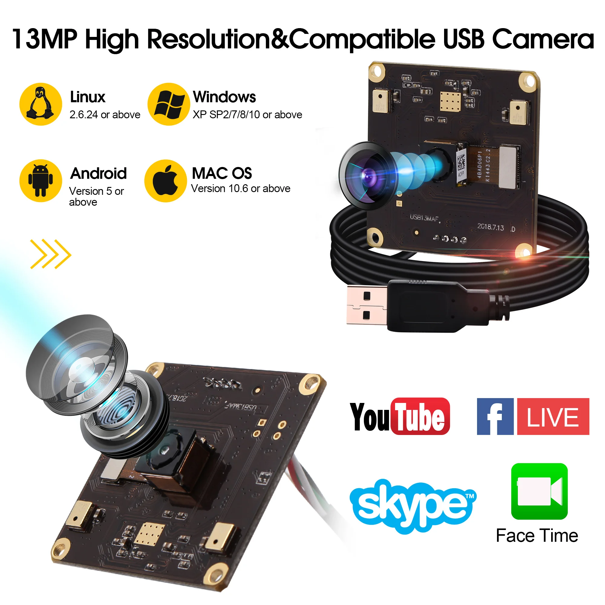 ELP 13MP USB Camera Module with Autofocus and Distortion-Free Lens