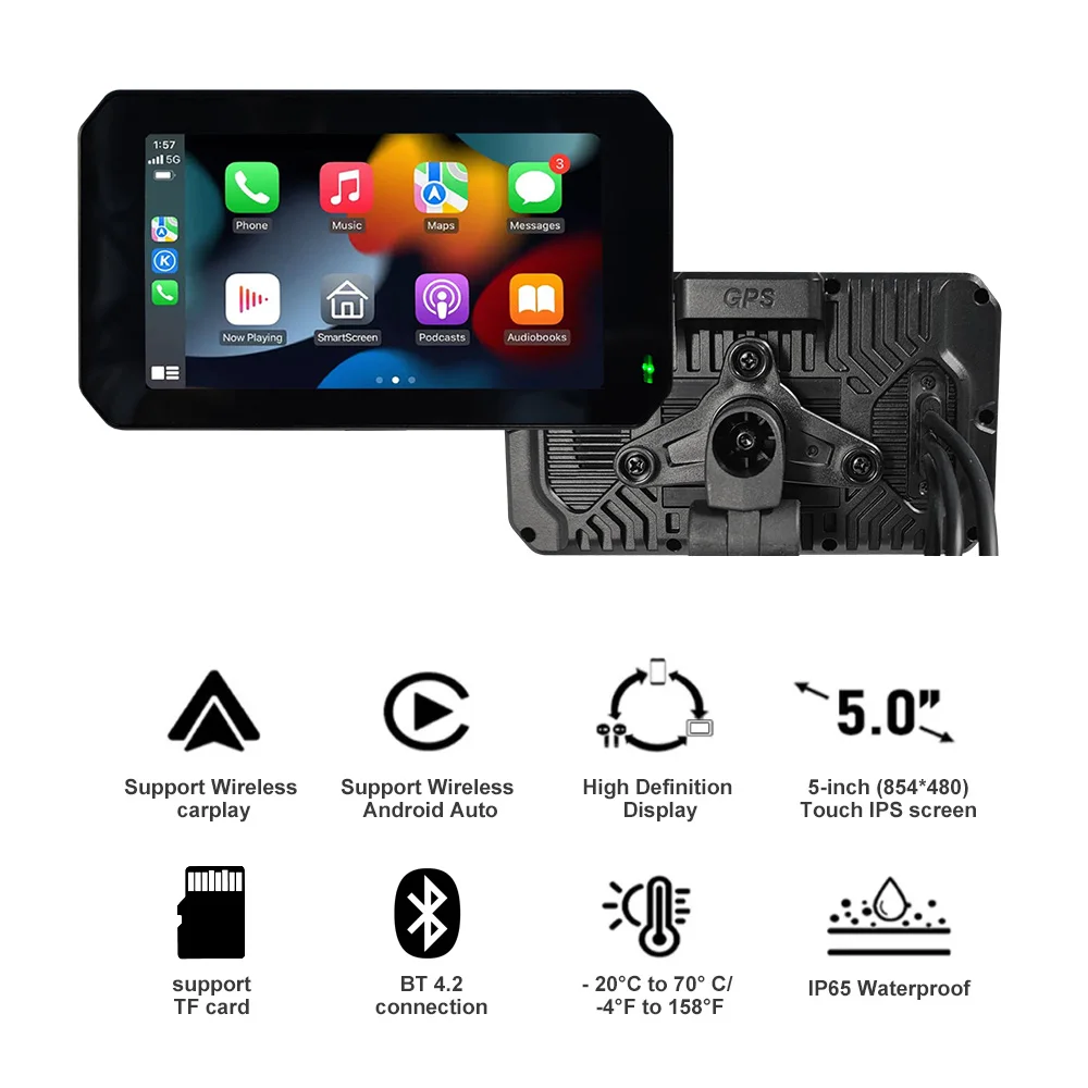 Motorbike GPS Navigator - 5inch Carplay Screen with Android Auto