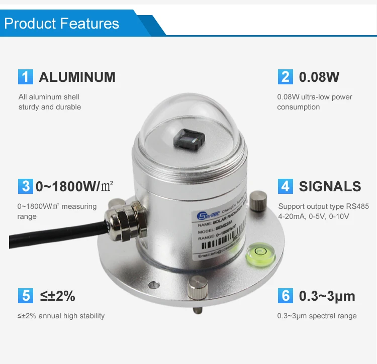 Rs485 0-1800w/m2 Solar Radiation Sensor Solar Radiation Pyranometer ...