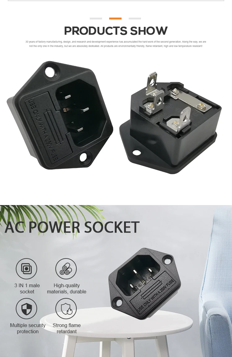 3-pin Iecac Power Socket With Fuse Holder Screw Type 15a 250v C13 Plug ...