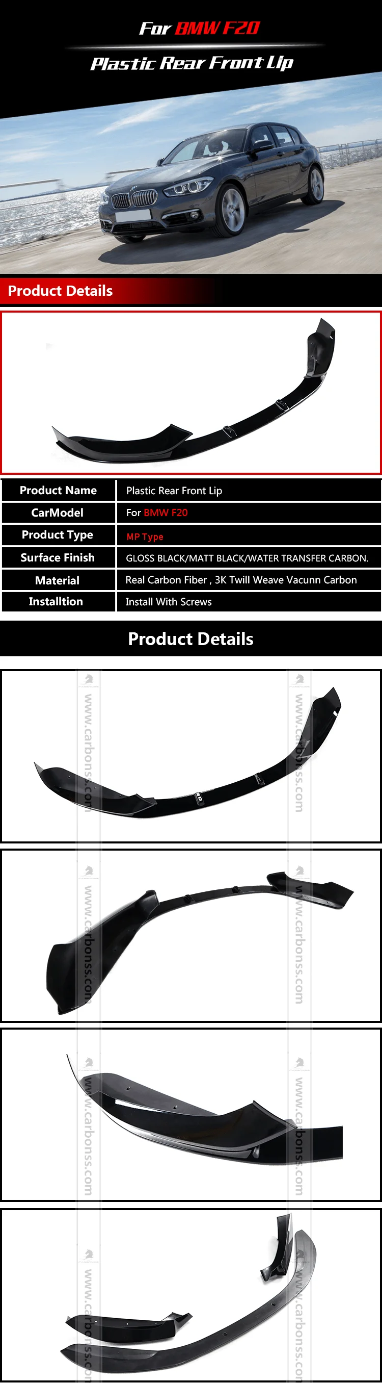ABS Gloss Black or Carbon Fiber Look MP M-Performance Front Lip for BMW ...