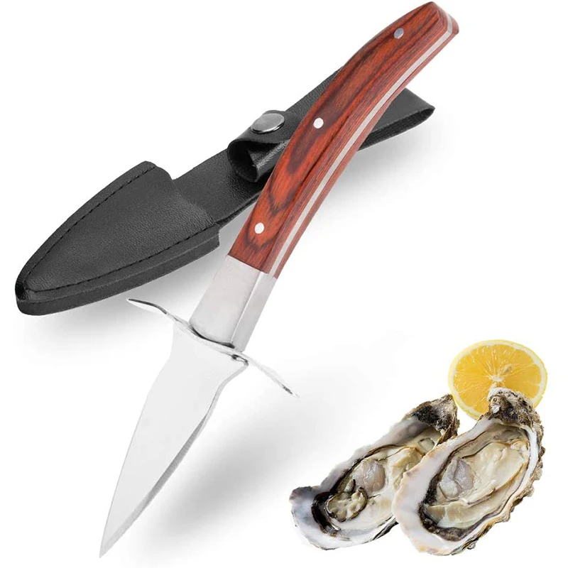 Stainless Steel Oyster Shucking Knife with Leather Sheath