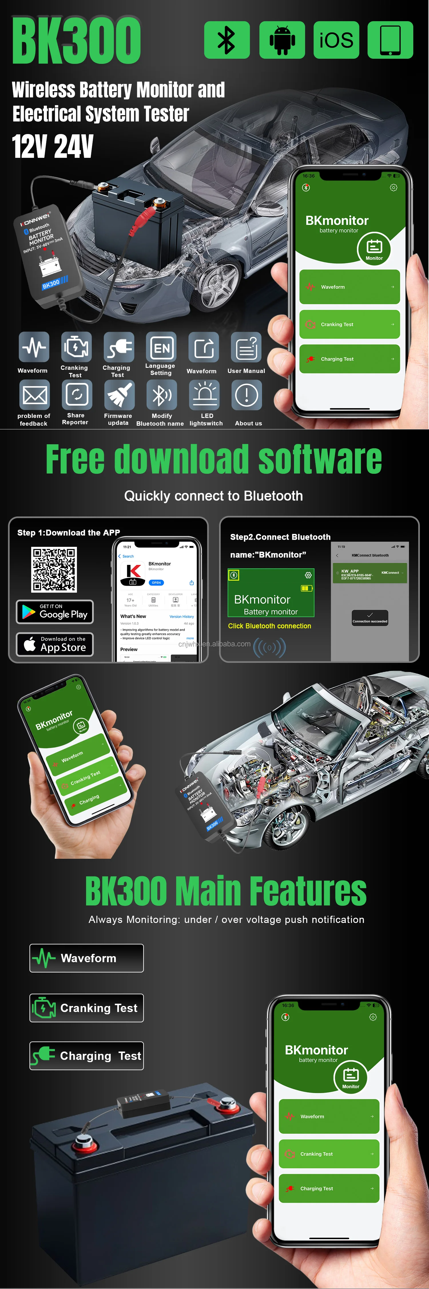 KONNWEI Car Battery Monitor Bluetooth BK300 - Real-Time Data