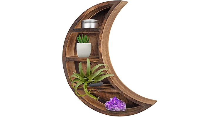 Rustic Wood Moon Storage Display Shelf for Home Decor