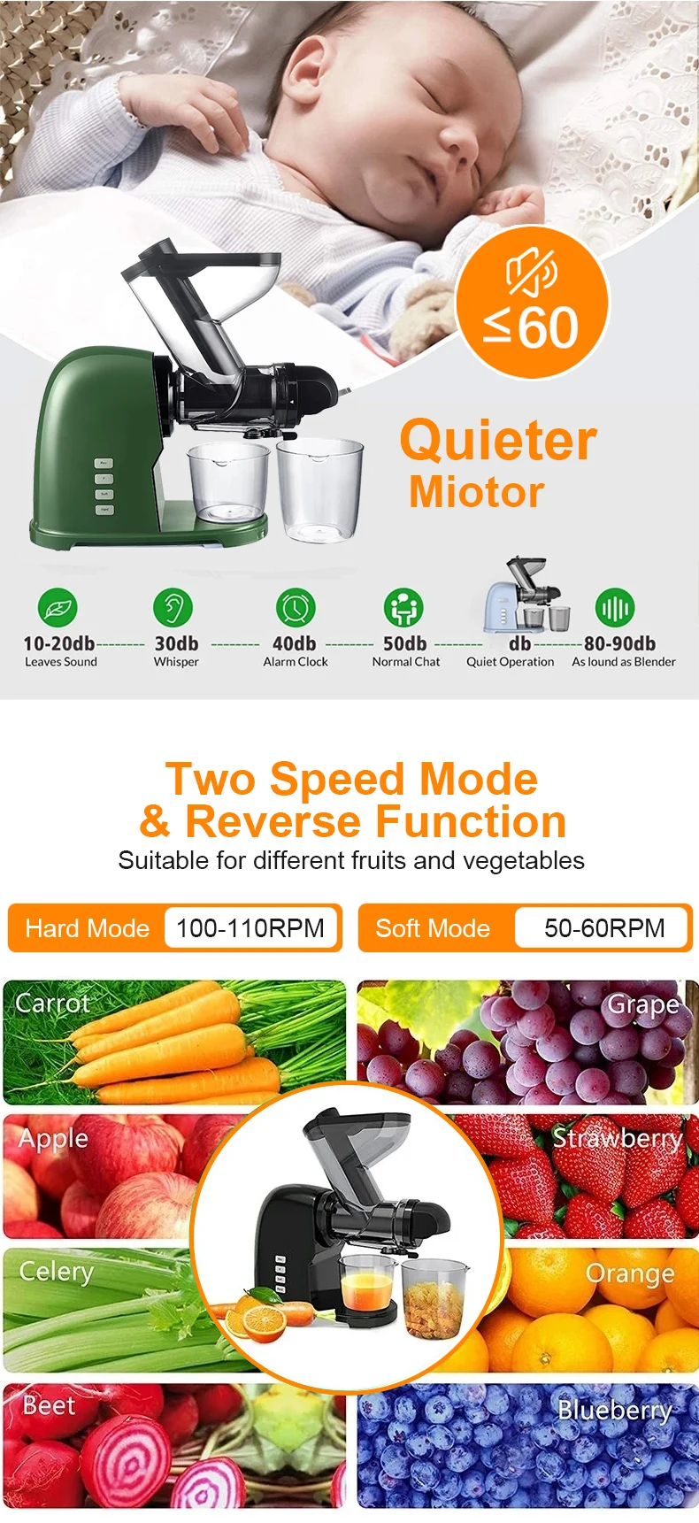 Etl 2 Speed Setting Push Button Fruit Horizontal Slow Juicer Machine ...
