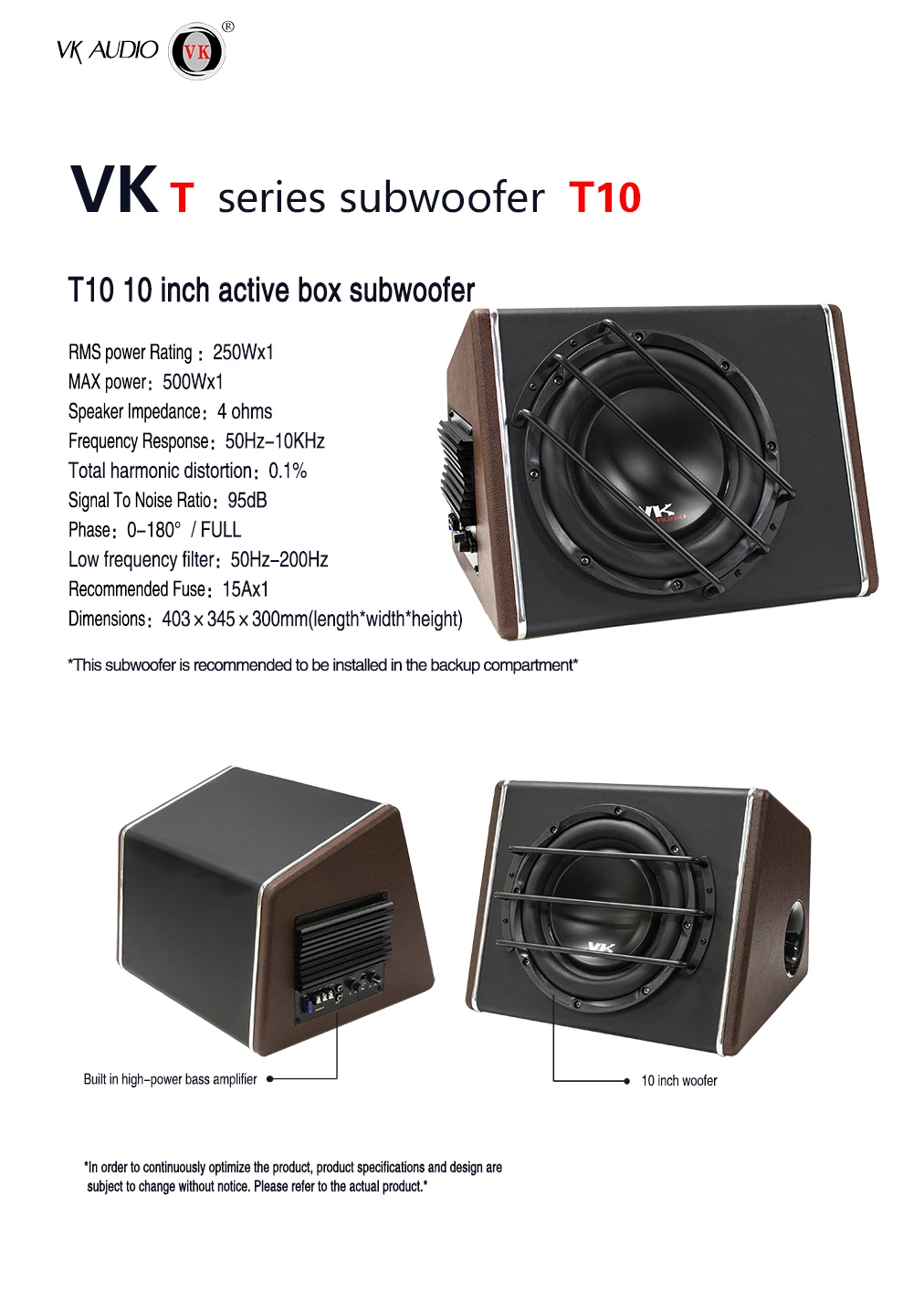 VK T10 1000W RMS Trapezoid 10 Inch Single Coil 12V DC MDF Black Car ...