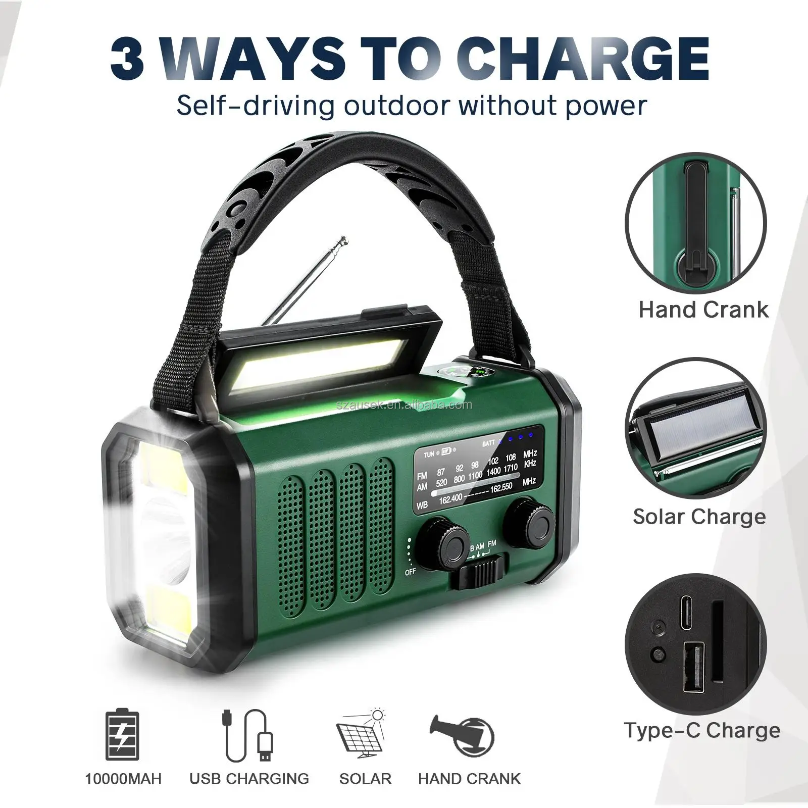 10000mah Power Bank Solar Crank Dynamo Portable Weather Radio With Am ...