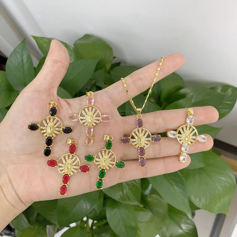 Holy Cross Necklace Pendant with Multicolor Crystal Zircon