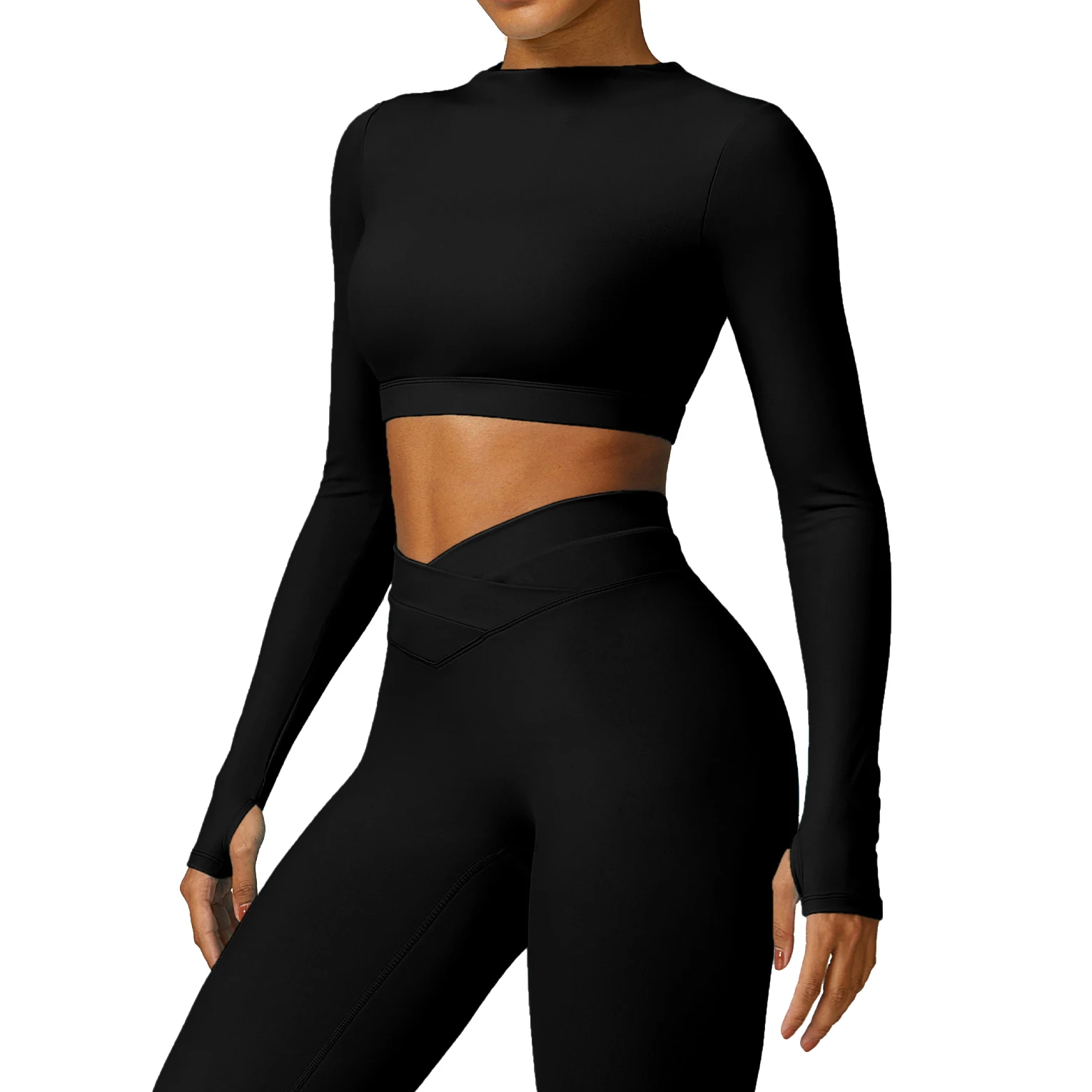 Women Stretchy Compression V Cut Cropped Running Leggings And Tops Set ...