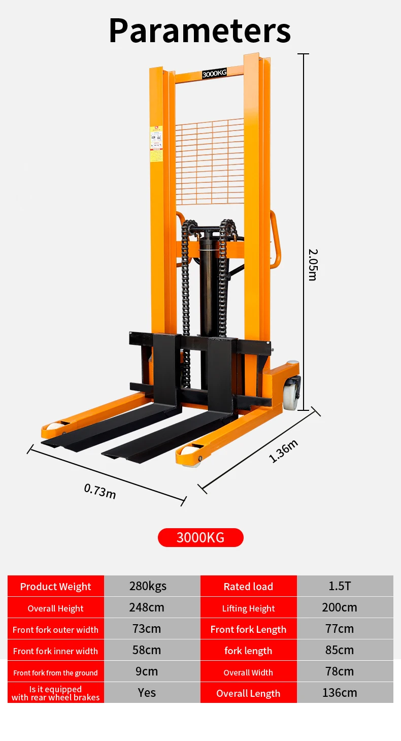 Hand Fork Lift 1.5t Manual Stacker - 3000kg Capacity
